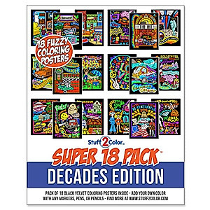 Stuff2Color Super Pack of 18 Fuzzy Velvet Coloring Posters (Decades Edition: 50's, 60's, 70's) - Great for Family Time, Arts & Crafts, Travel, At Home, Care Facilities [All Ages Coloring: Girls, Boys, Adults, Toddlers, Teens]