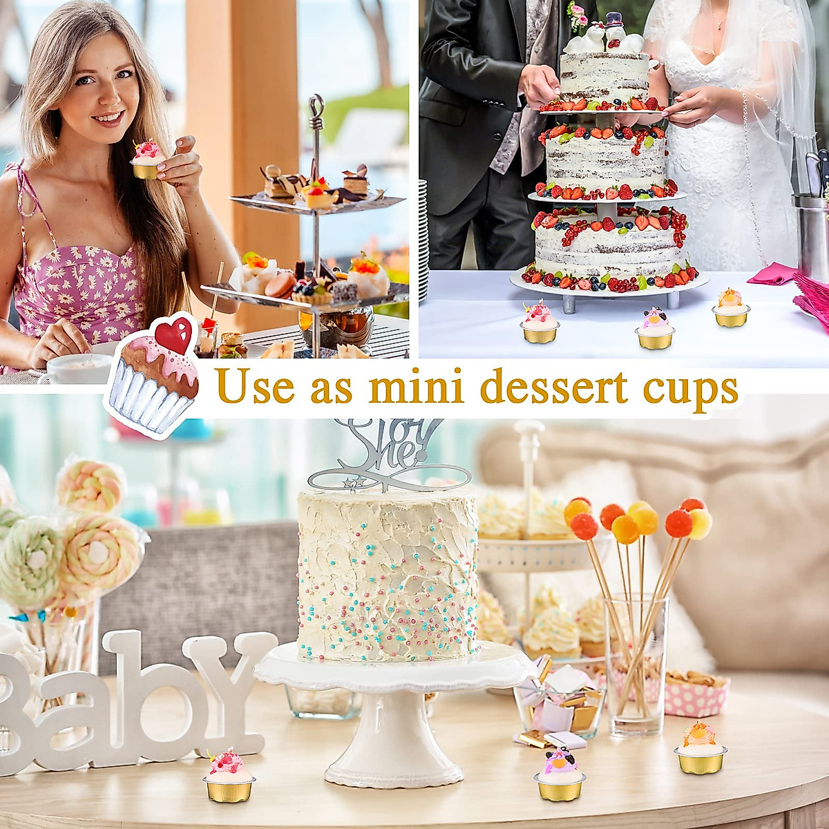 150 Pcs Baking Cups with Lids, 1.6 oz Muffin Cupcake Liners Aluminum Foil Mini Cake Pans Small Disposable Ramekins Flan Containers with Lids for Weddings, Birthday, Various Holiday (Gold)