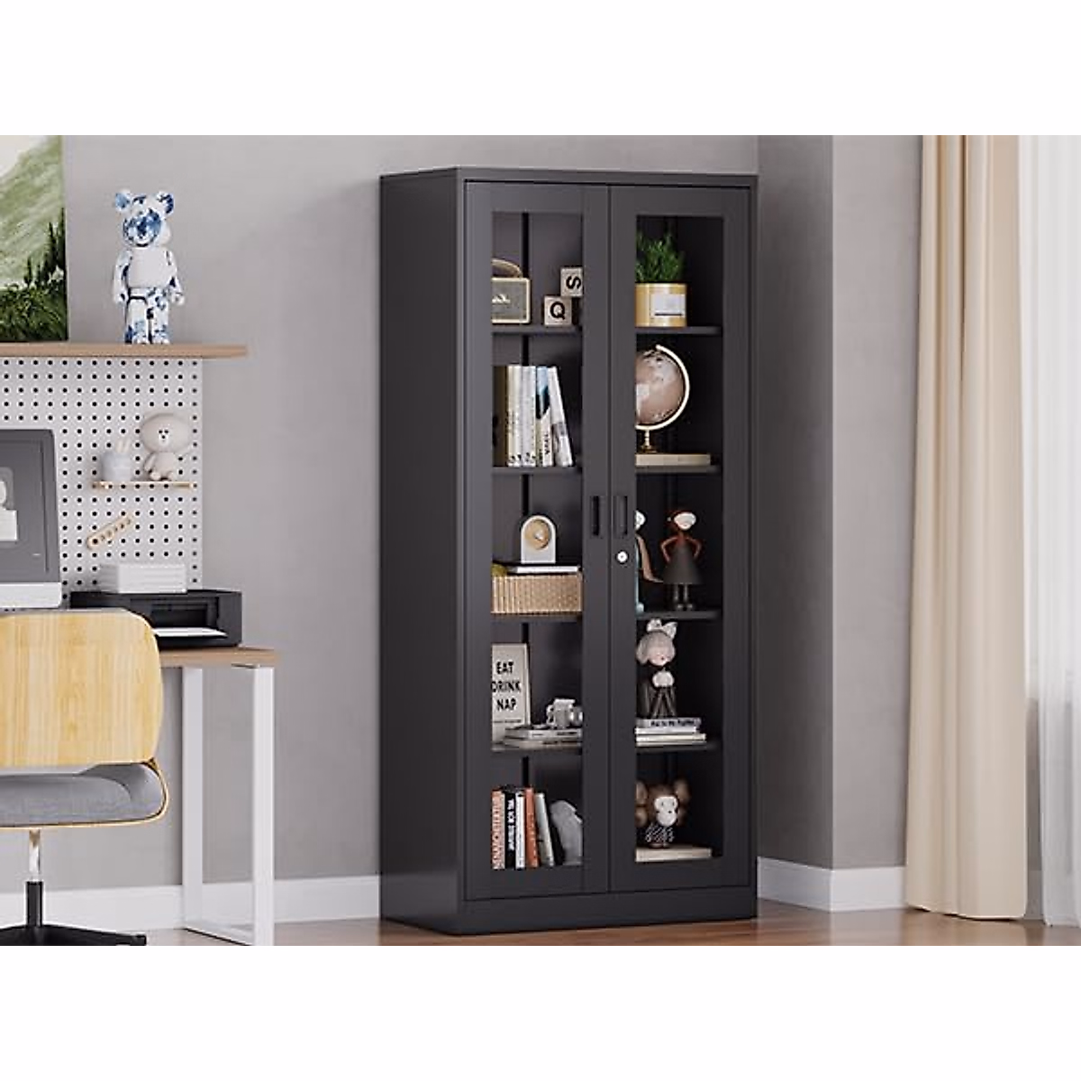 AFAIF Glass Display Cabinet Curio Cabinet with Glass Door & 4 Adjustable Shelves, Liquor Cabinet with Lock, 71"H Tall Bookshelf Bookcase Metal Storage Cabinet Display Case for Home Office Living Room