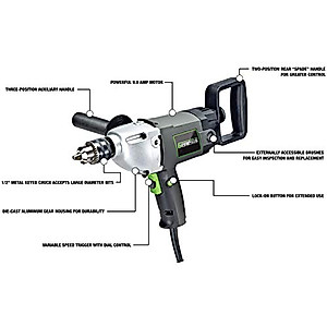 Genesis GSHD1290 1/2" 9.0 Amp Variable Speed Spade Handle Electric Mud Mixer Drill with Lock-On Button, Three-Position Auxiliary Handle, Two-Position Spade Handle, Chuck Key, and 2 Year Warranty