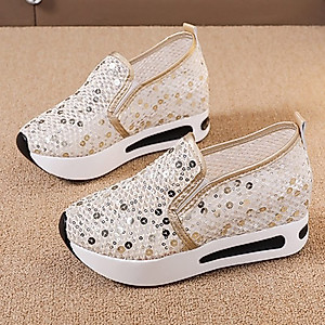 ZBYY High Heel Wedge Sneakers for Women Sequin Breathable Walking Canvas Shoes Slip On Fall Walking Driving Play Sneakers Work Shoes