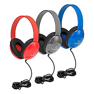 Egghead Heavy-Duty Kids' Headphones w/Tangle-Free Fabric Cord (Pack of 10) Blue, 3.5 mm Plug