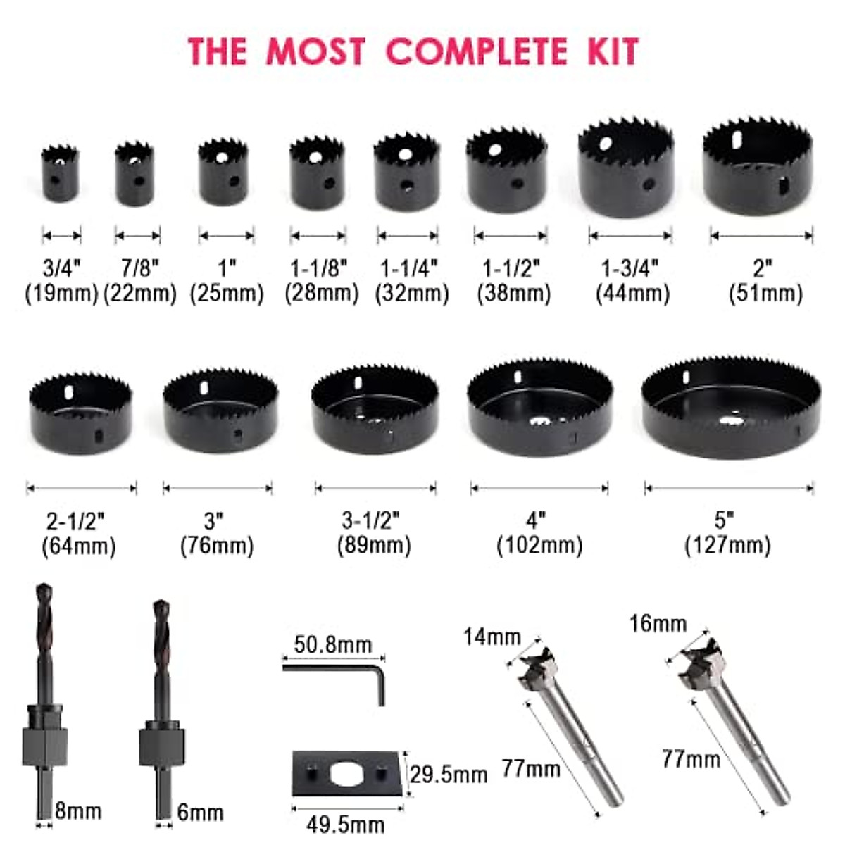 Hole Saw Set, 23Pcs Hole Saw Kit with 13Pcs Saw Blades, General Purpose 3/4" to 5" (19mm-127mm) Hole Saw, Mandrels, Hex Key with Storage Box, Ideal for Soft Wood, PVC Board