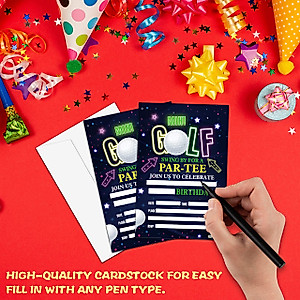 Golf Birthday Party Invitation, Mini Golf Themed Fill-In Invites, 20 Invitations With Envelopes for Friends (4" X 6"), Neon Glow Party Favors Decorations and Supplies -47