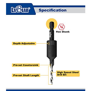 LaBear (#8) Countersink Drill bit Set, Countersink Drill bit, Countersink bit with Replaceable HSS Drill, 1/4" Hex Quick-Change Bits, Adjustable Low Friction Depth