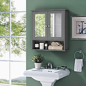 Salches Wall Mounted Bathroom 2 Mirrored Doors, Over-Toilet Hanging w/Shelves, Wooden Storage Organizer Medicine Cabinets, Grey