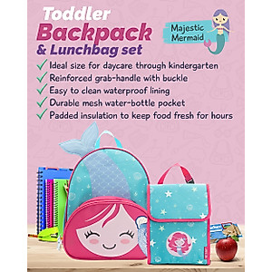 Toddler Backpack for Girls and Boys with Kids Lunch Bag - Mermaid Backpack for Girls and Lunch Bag Kids Backpack for School with Lunch Box Kids - Camp Travel Preschool Backpack - Majestic Mermaid
