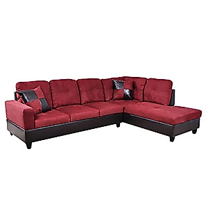 HOMVET Red Flannel and PVC Sectional Sofa Furniture Set, L-Shape Couch with Right Chaise, Storage Ottoman, and 2 Toss Pillows,for Living Room/Apartment/Office