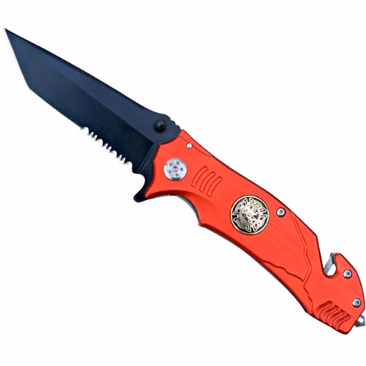 CKB Products Folding Knife - Firefighter Design - 3" Hardened Black Stainless Steel Blade - Seat Belt Cutter, Glass Breaker - 8 1/8" Open, 4 1/2" Closed