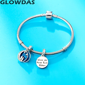 Couple Lover Under Night Sky Crescent Moon Stars Charms, fits Pandora Valentines Day Bracelet, Sterling Silver Blue Enamel Pendant Beads, Gifts for Wife/Girlfriend Boyfriend