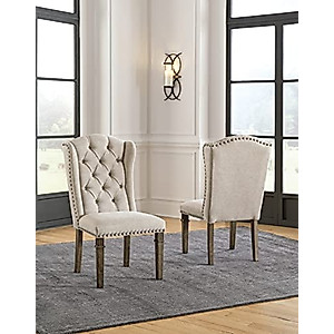 Signature Design by Ashley Markenburg 20" Retro Tufted Upholstered Dining Side Chair with Nailheads, Set of 2, Beige & Dark Brown