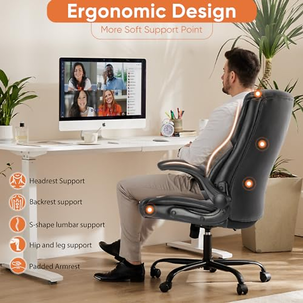 OLIXIS Ergonomic Home Office Desk Chair - Executive Big Tall High Back with Comfy Lumbar Support & Flip Up Armrest, PU Leather Computer Gaming Task Chairs with Swivel Wheels, Height Adjustable, Black