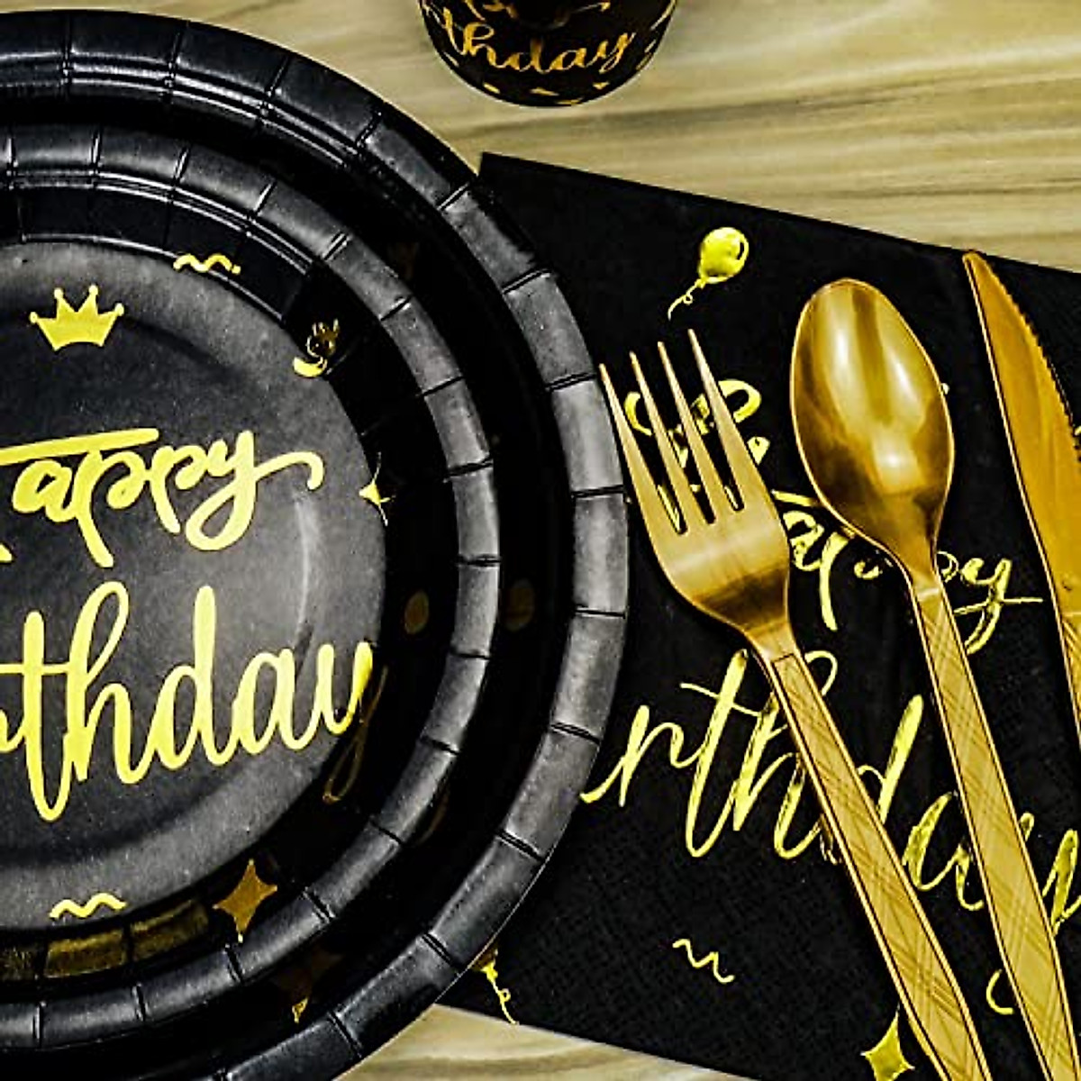 200 Pieces Gold Disposable Party Dinnerware Set &Golden Dot Disposable Birthday Party Dinnerware - Black Paper Plates Napkins Cups, Gold Plastic Forks Knives Spoons