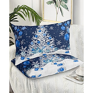 Hokiten Standard Size Pillow Cases Set of 2 - Christmas Tree, Microfiber Soft Pillowcases with Envelop Closure, Blue Fantasy Snowflake Xmas Ball Lumbar Pillow Cover for Sofa/Couch, 20x26 Inches