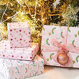 LeZakaa Christmas Wrapping Paper Mini Roll - Santa Claus and Unicorn/Rainbow/Stars in Pink for Gift Wrap, Arts Crafts - 17 x 120 inches - 3 Rolls (42.5 sq.ft.ttl.)