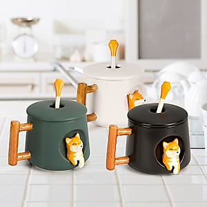 YLOKO Cute Ceramic Coffee Mug with 3D Shiba Inu, Cute Mugs with Lid Paw Spoon, Novelty Morning Tea Mug, Birthday Gifts for Women Sister Girlfrend Kids 14oz (Green)