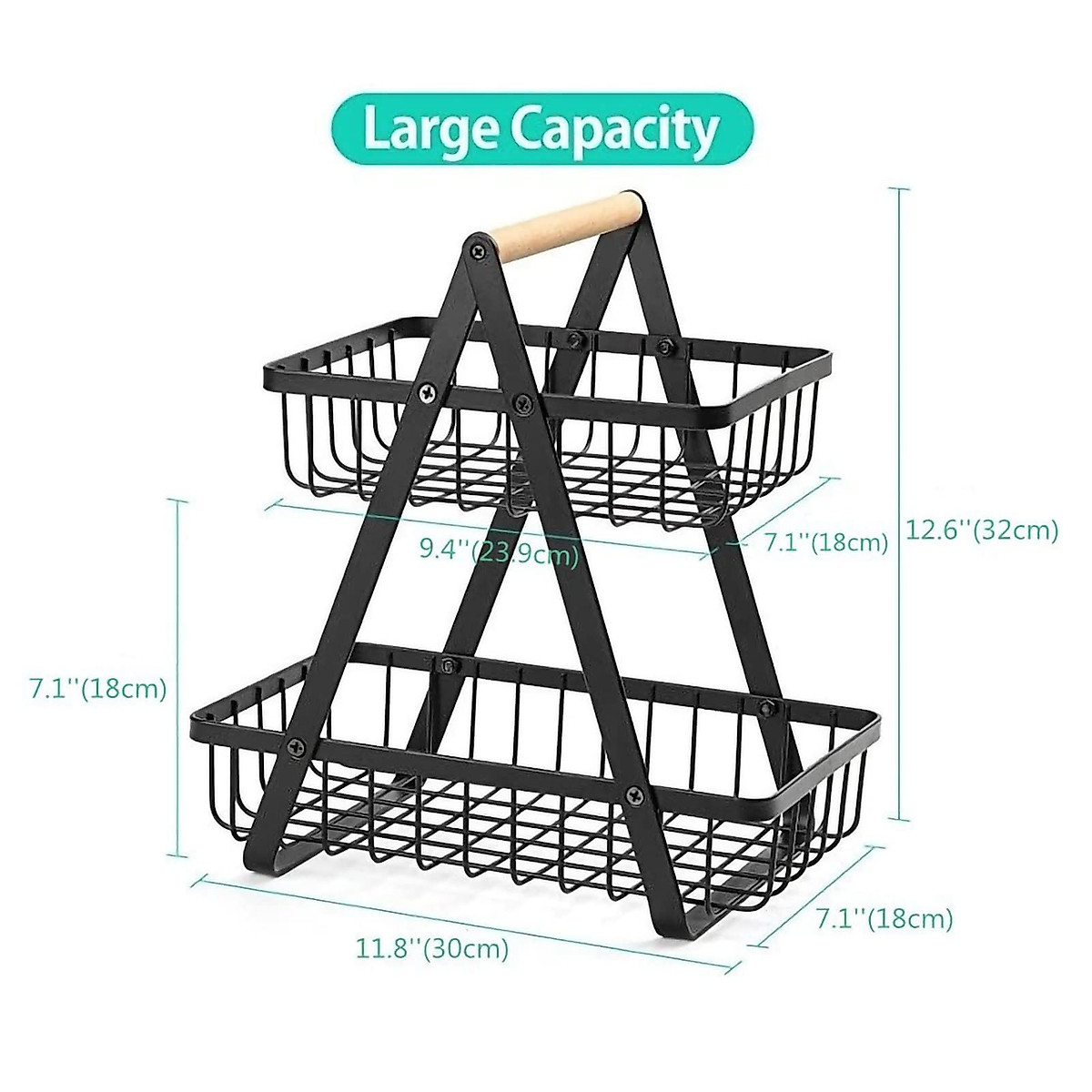 2 Tier Fruit Storage Basket Countertop for Kitchen, Rectangle Fruit Bread Wire Basket Vegetable Fruit Basket Bowl Stand Holder with Wooden Handle(Black)