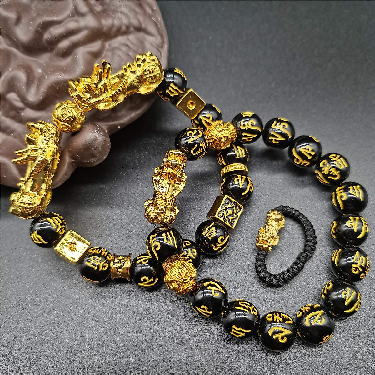 Homelavie 2 Pcs Feng Shui Black Obsidian Wealth Bracelet 12mm Mantra Bead Pi Xiu Bracelets for Women Men Attract Wealth and Good Luck (Style A)