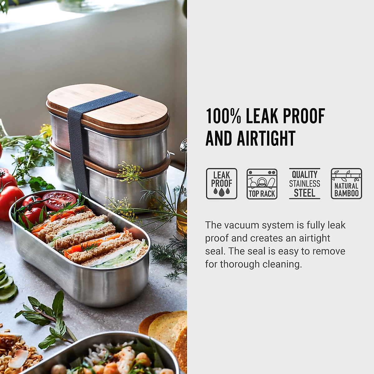 BLACK + BLUM Stainless Steel Bento Box | Plastic Free, Leak-Proof, 2-Compartment Lunch Box with Travel Fork and Bamboo Chopping Board Lid for Packing Healthy and Delicious Food | 34 oz / 1000 ml