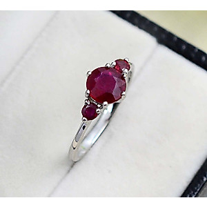 925 Sterling Silver Natural Red Ruby Gemstone 7 MM Round Cut July Birthstone Three Stone Cluster Unisex Ring For Birthday Gift (Rhodium Plated Silver, 6)