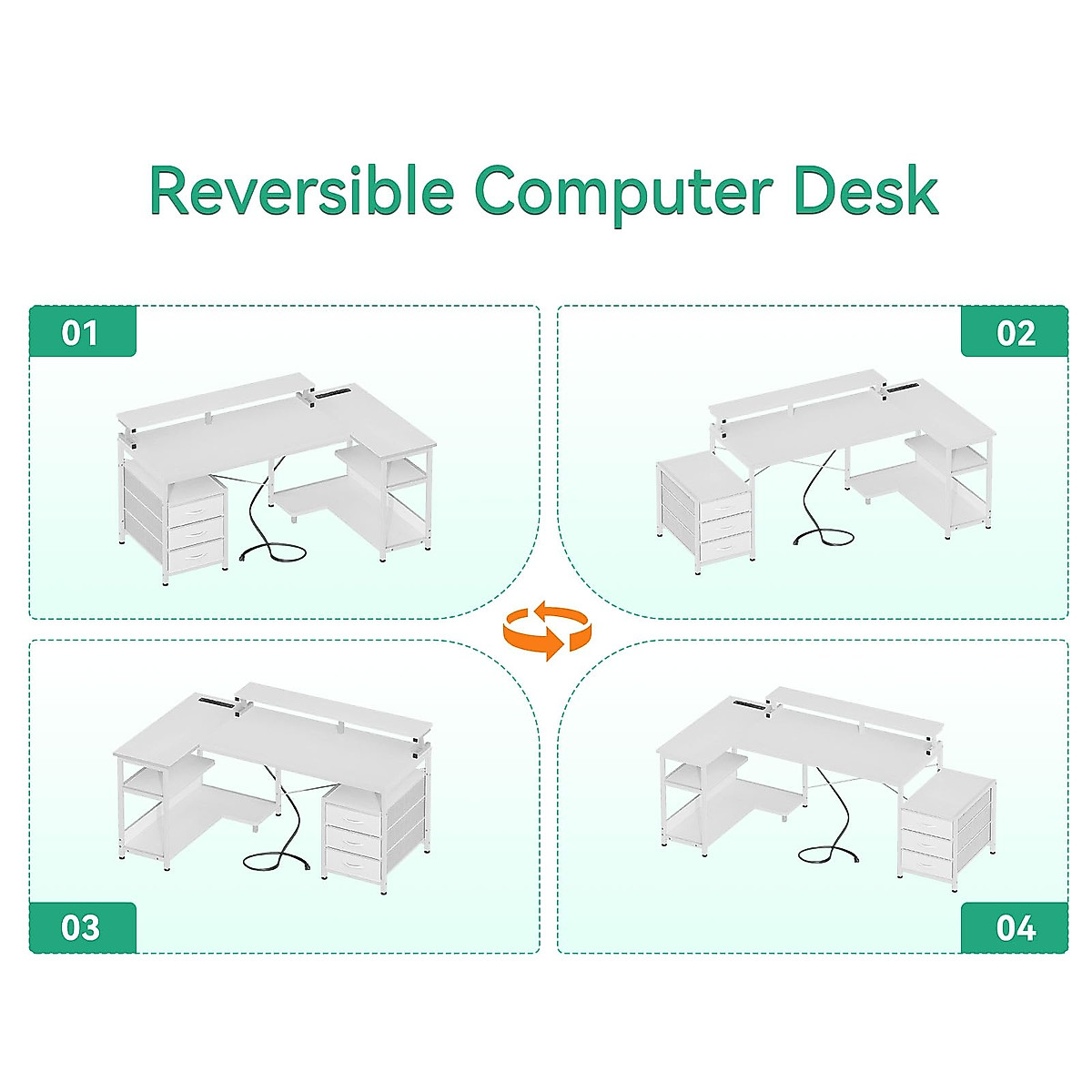 AODK L Shaped Gaming Desk with Drawers, Reversible Corner Computer Desk with LED Lights & Power Outlets, Large Home Office Desk withMonitor Stand & Storage Shelf, 58Inch - 71Inch, White