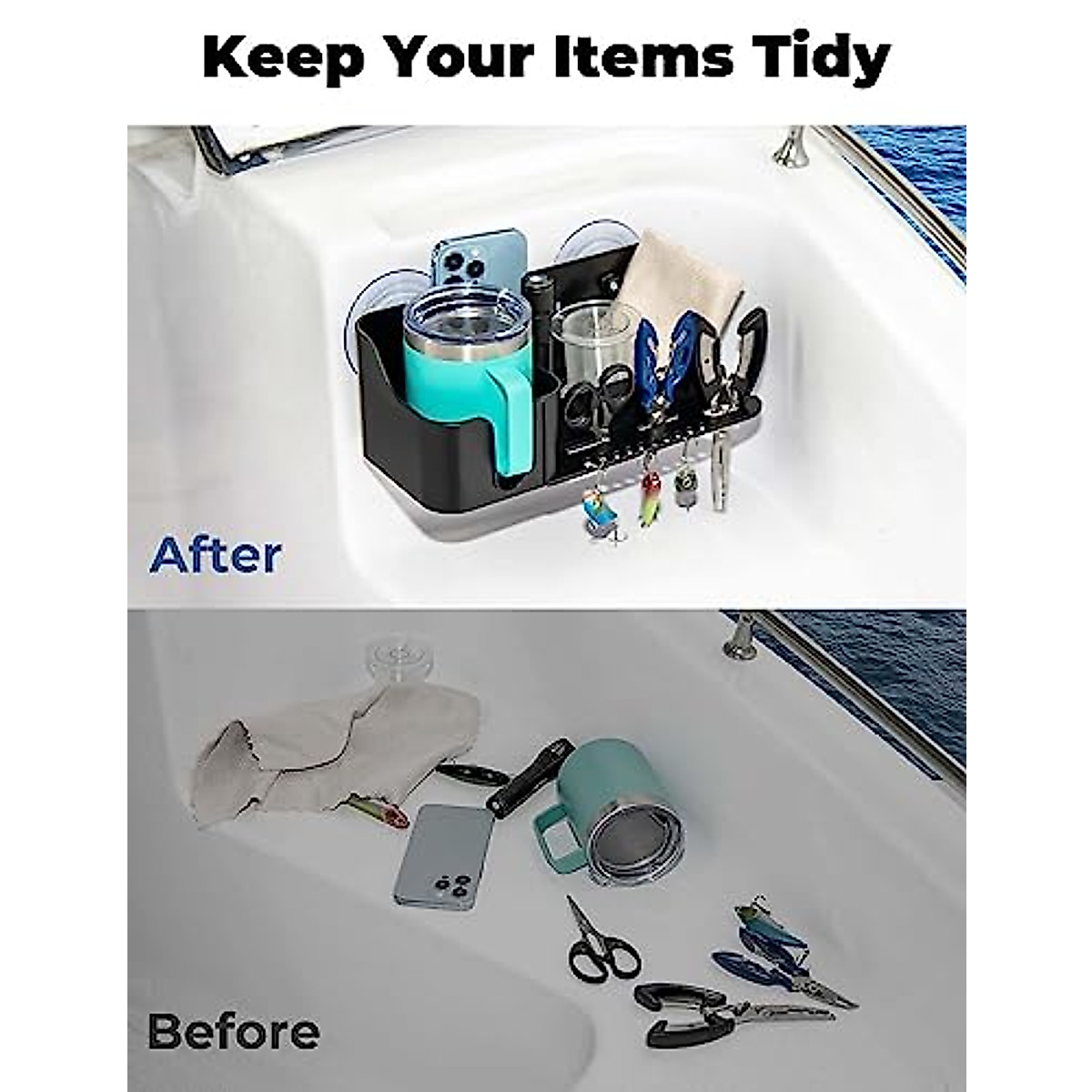 KEMIMOTO Boat Caddy Organizer, Boat Cup Holder Installed with Screws/Suction Cups On Any Flat Surface, Boat Storage Organizer, Cockpit Storage Box for Bass Boat Kayak Pontoon Jon Boat