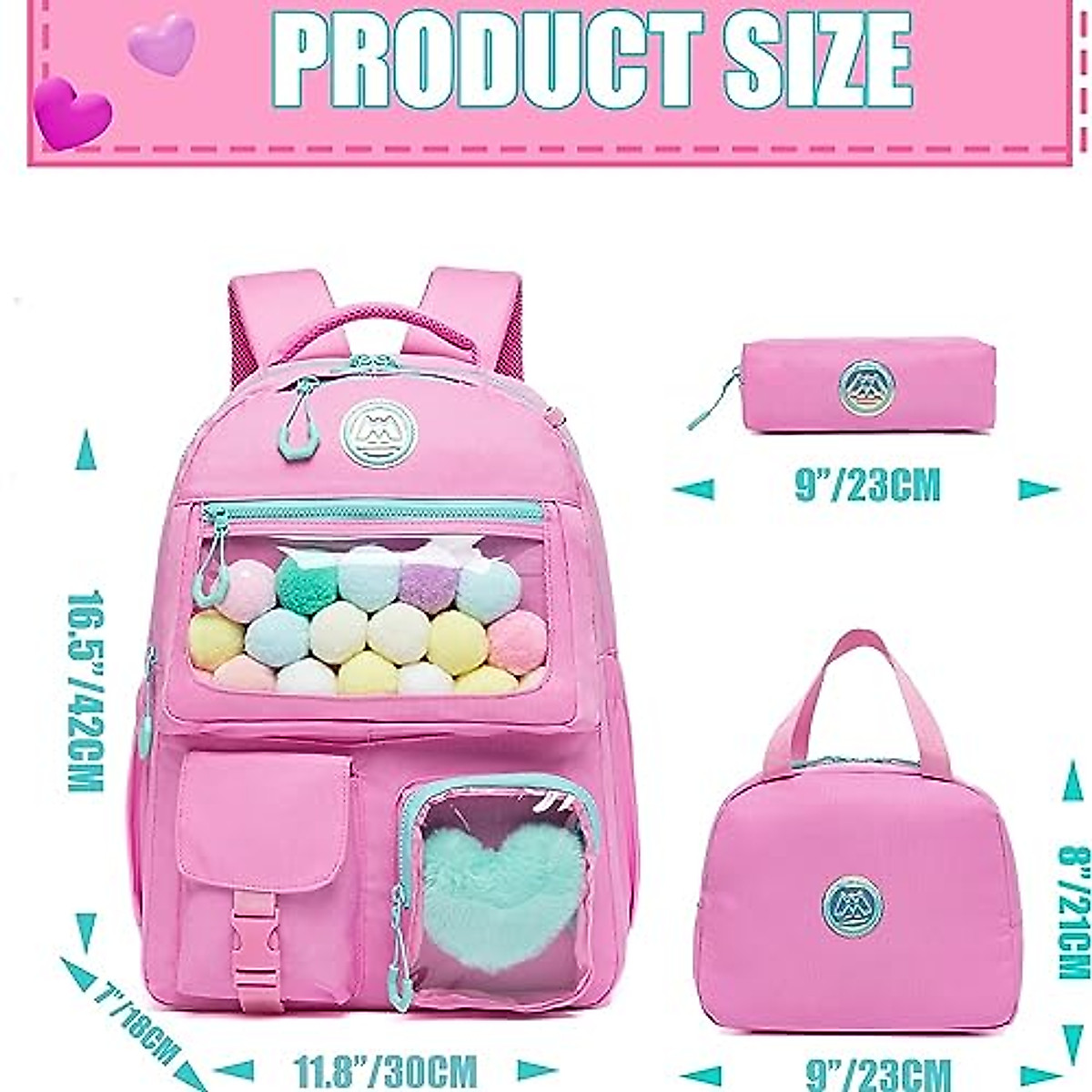 ZBAOGTW Cute Backpack for Girls Aesthetic Backpack Clear, Backpack with Lunch Box Casual Bag Pink Backpack for Elementary School Teens Back to School Supplies
