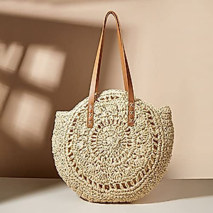 Straw Bag Women Handmade Shoulder Handbag Large Beach Bag Handwoven Round Tote Beige