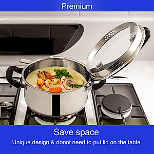 Stainless Steel Cookware Pasta Pot by Cyrder – 5 Quart, Strainer in Glass Lid, Two Side Spouts, Capsule Bottom Stock Pot, Durable & dishwasher safe