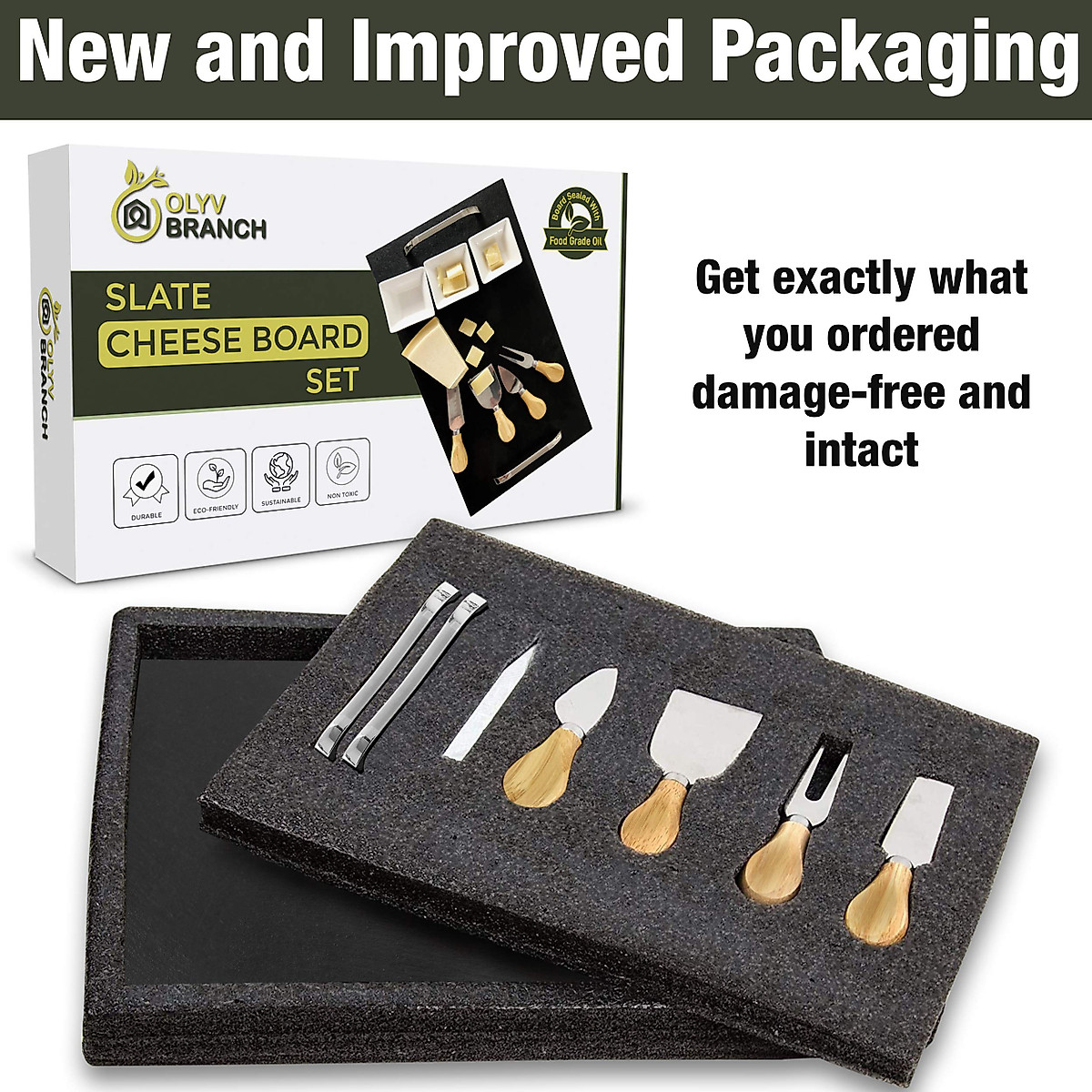 Olyv Branch Slate Cheese Board Set-10pc Serving Tray 16" x 10'' Large-Durable & Versatile Serving Tray Sealed with an Anti Stain Coating-Great for Home & Restaurant Cheese Tapas & Appetizers Serving