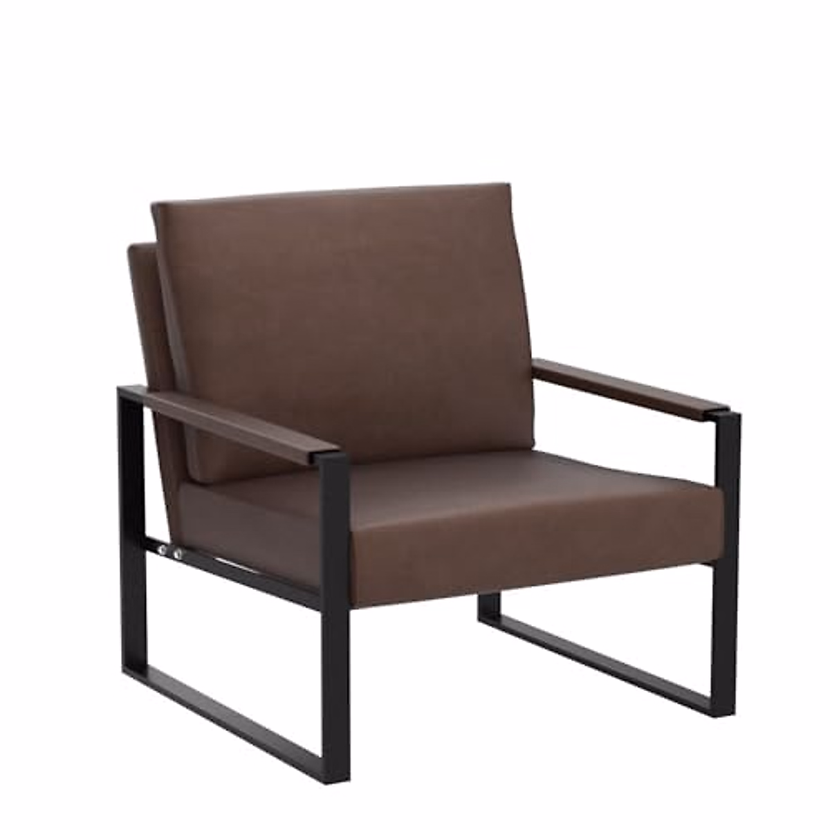 Lamerge Leather Accent Chair Sofa Chair with Extra-Thick Padded Backrest and Seat Cushion Single Sofa for Living Room Bedroom, Black Metal Frame, 105 Degree Slant Back, Brown,Set of 1