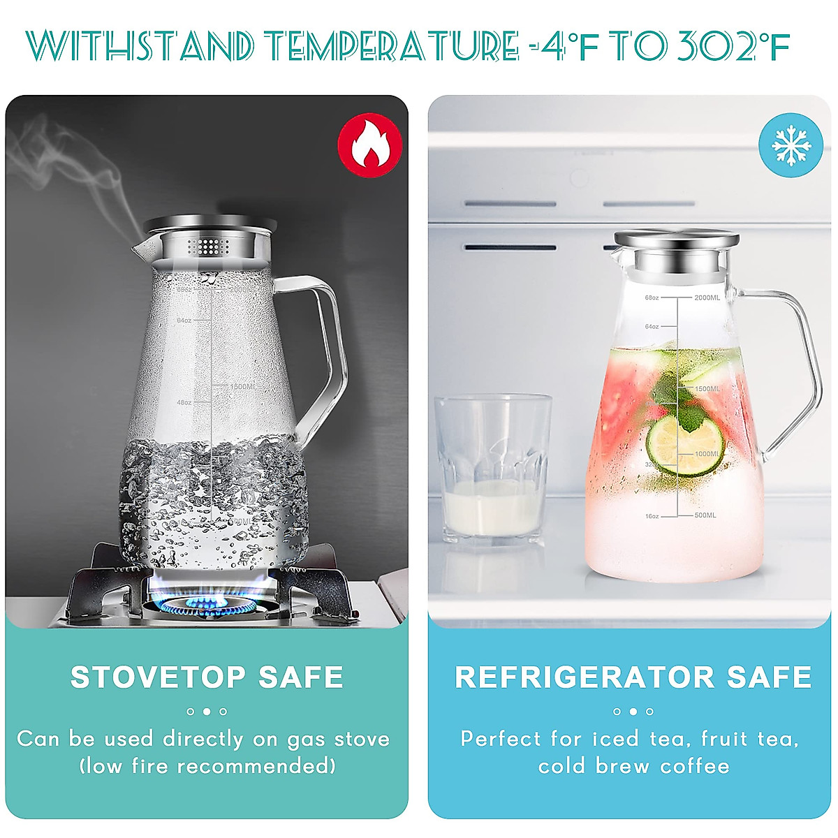 HIHUOS Glass Pitcher with Lid : 68oz Water Pitcher with Precise Scale Line, Easy Clean Heat Resistant Iced Tea Pitcher, Borosilicate Glass Carafe for Juice, Milk, Beverages, Mimosa Bar