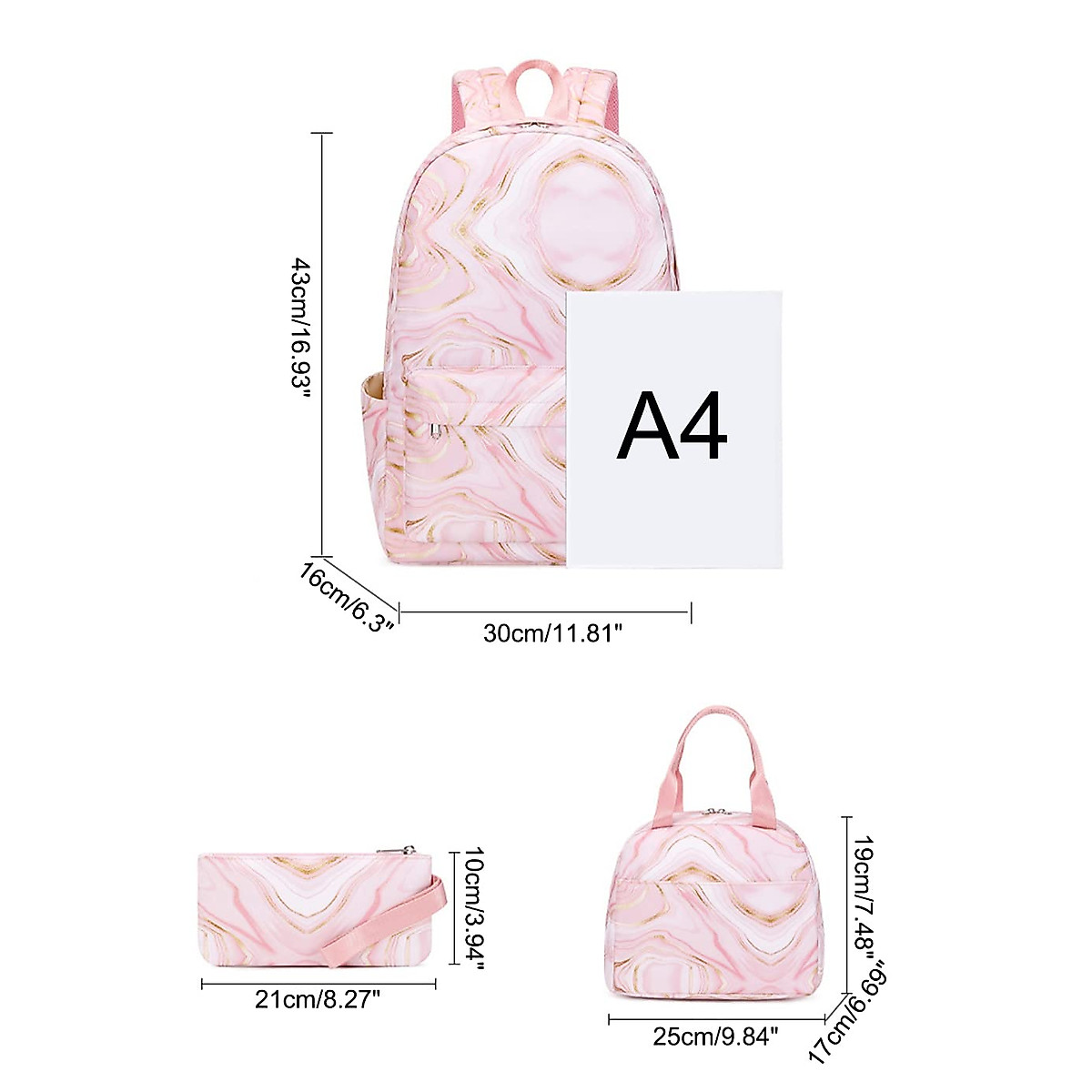 JiaYou Teens Girls Backpack Sets 3Pcs Daypack with Lunch bag Pencil case marble pattern print(Pink,20Liters)
