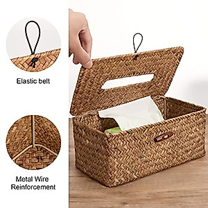 Tissue Box Cover Rectangular,Decorative Tissue Box Holder, Tissue Holder Made of Natural Seagrass for Bathroom Office Car Automotive Decoration-9.8 x 5.5 x 3.9 Inches