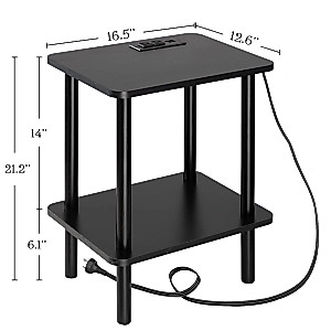 FORAOFUR End Table with Charging Station, Black Side Table with USB Ports and Outlets, Small Side Table Narrow Side Table for Living Room, Bedroom and Office, Small Nightstand with Charging Station