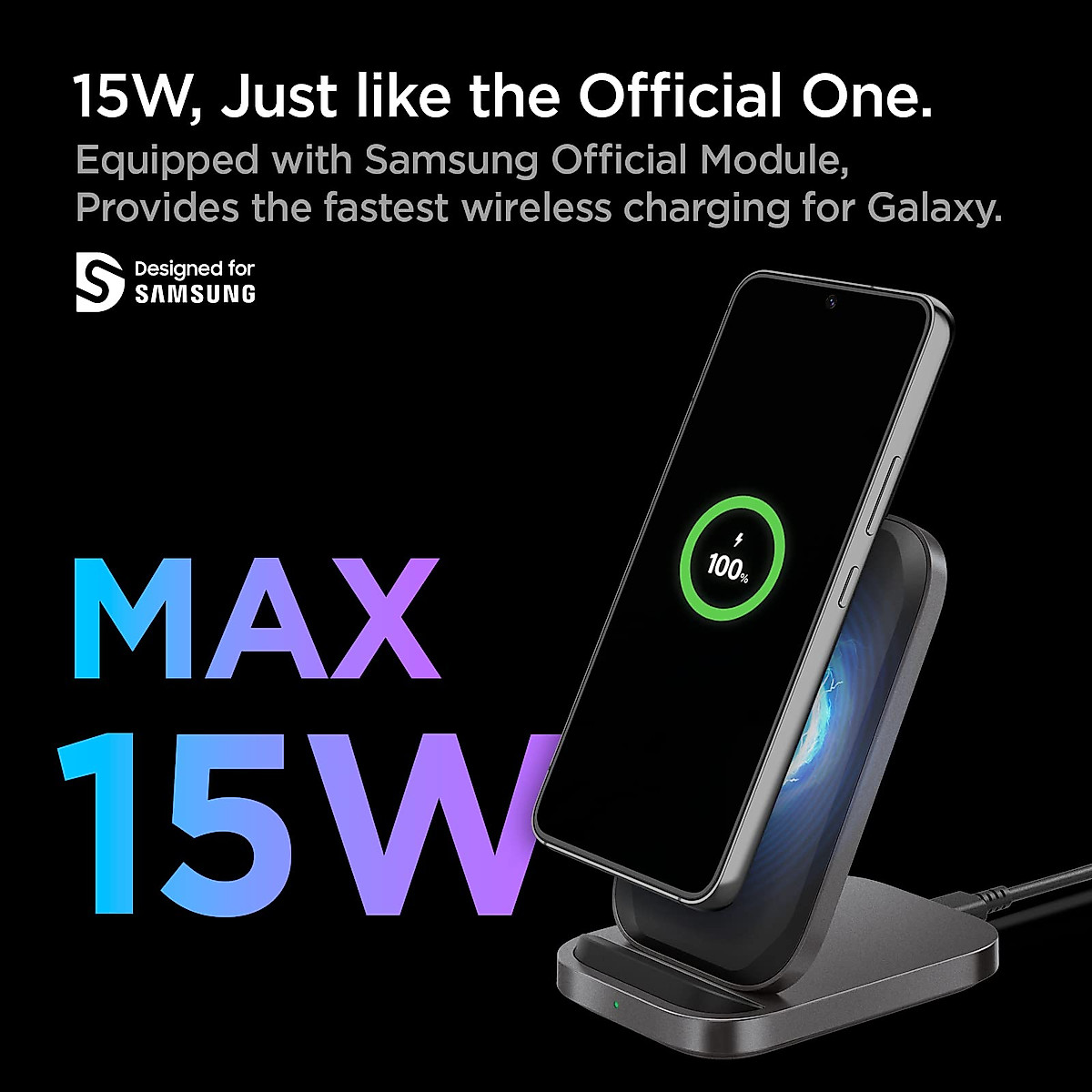 Spigen [Designed for Samsung] Qi True 15W Super Fast Wireless Charger Stand for Samsung Galaxy S23 Plus Ultra Z Fold Flip 4 3 S22 Note 20 S21 S20 S10 S10e Note 10 and More [No Adapter Included]