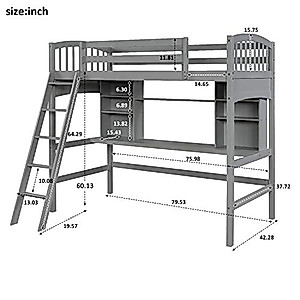 Merax Loft Bed Twin Size, Twin Loft Bed with Desk, Solid Wood Twin Size Loft Bed Frame with Shelves, Gray