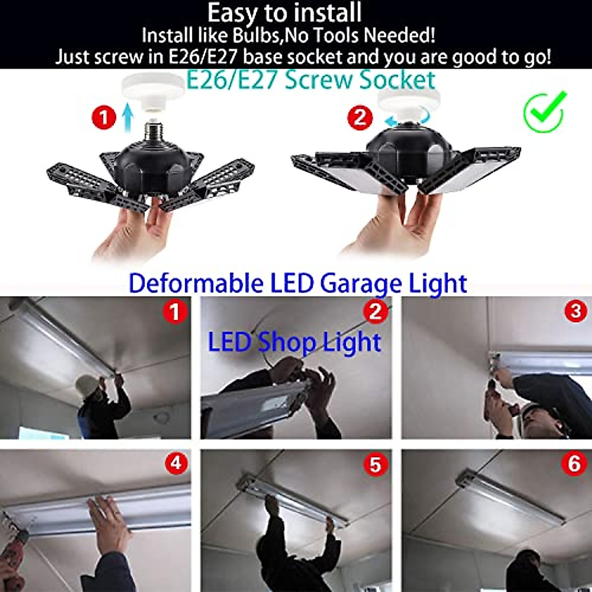 2-Pack 160W LED Garage Light with 6+1 Multi-Position Panels - 16000LM 6500K E26/E27 Deformable LED Ceiling Lights, Easy-Installation LED Lights, Workshop,Basement Bay