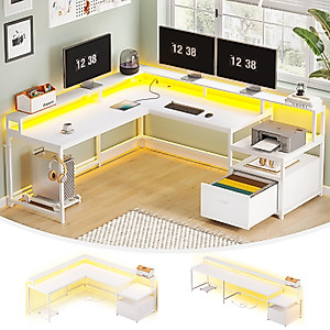 SEDETA White L Shaped Gaming Desk, 66" Home Office Desk with File Drawer, Power Outlet and Led Lights, Corner Computer Desk with Monitor Shelf, Printer Storage Shelves, for Two Person