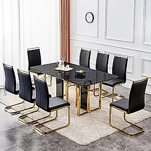 Goderfuu Black Marble Dining Table for 8 People - 71 inch Modern Kitchen Dining Room Table with Gold Base, Faux Marble Dining Table Pedestal Table Dinner Table, Large Marble Table for Dining Room