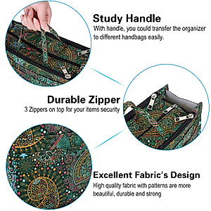 BTSKY Printing Handbag Organizers Inside Purse Insert - High Capacity 13 Pockets Bag Tote Organizer with Handle (Green Lotus)