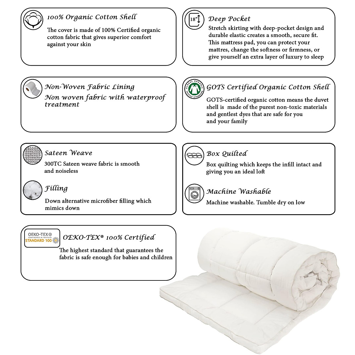 Delara 100% Waterproof 2 IN 1 Mattress Protector & Mattress Pad -Quilted Fitted Down Alternative Mattress Pad Cover, Waterproof Membrane, GOTS Certified Breathable Organic Cotton Shell 18" Deep Pocket