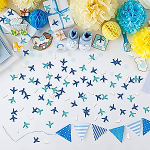 100pcs Glitter Cloud & Airplane Confetti, Plane Table Confetti, Baby Shower Party Decor, Boy Birthday Party Decorations, Clould Paper Scatter - Blue & White