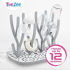 ToeZee Baby Bottle Drying Rack Space Saving Countertop Baby Bottle Holder, Drying Rack for Baby Bottles Accessories - Stores Up to 12 Bottles, Dishwasher Safe (Gray)