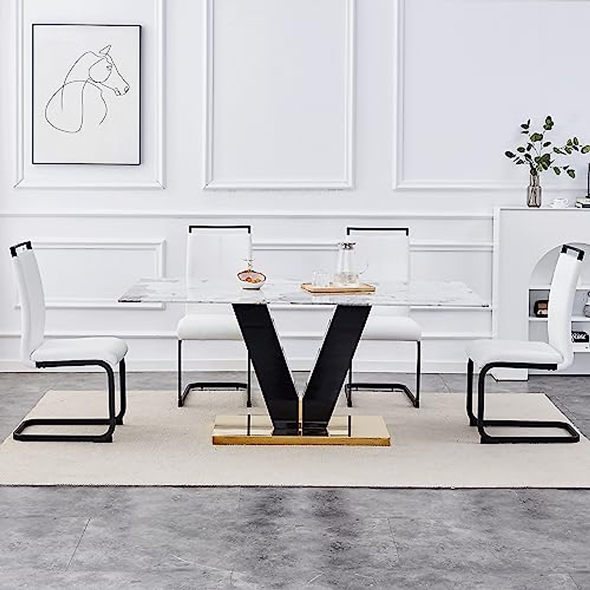 gopop 71'' Marble Dining Table,Modern Dining Room Table with Golden Stainless Steel Base.Marble Kitchen Table for 8 People, Ideal for Living Room Home Office