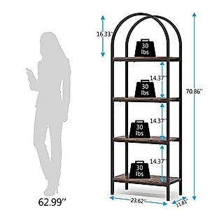Tribesigns 4-Tier Open Bookshelf, 70.8" Industrial Arched Bookcase Storage Shelves with Metal Frame, Freestanding Display Rack Tall Shelving Unit for Office, Bedroom, Living Room (Rustic Brown, 1PC)