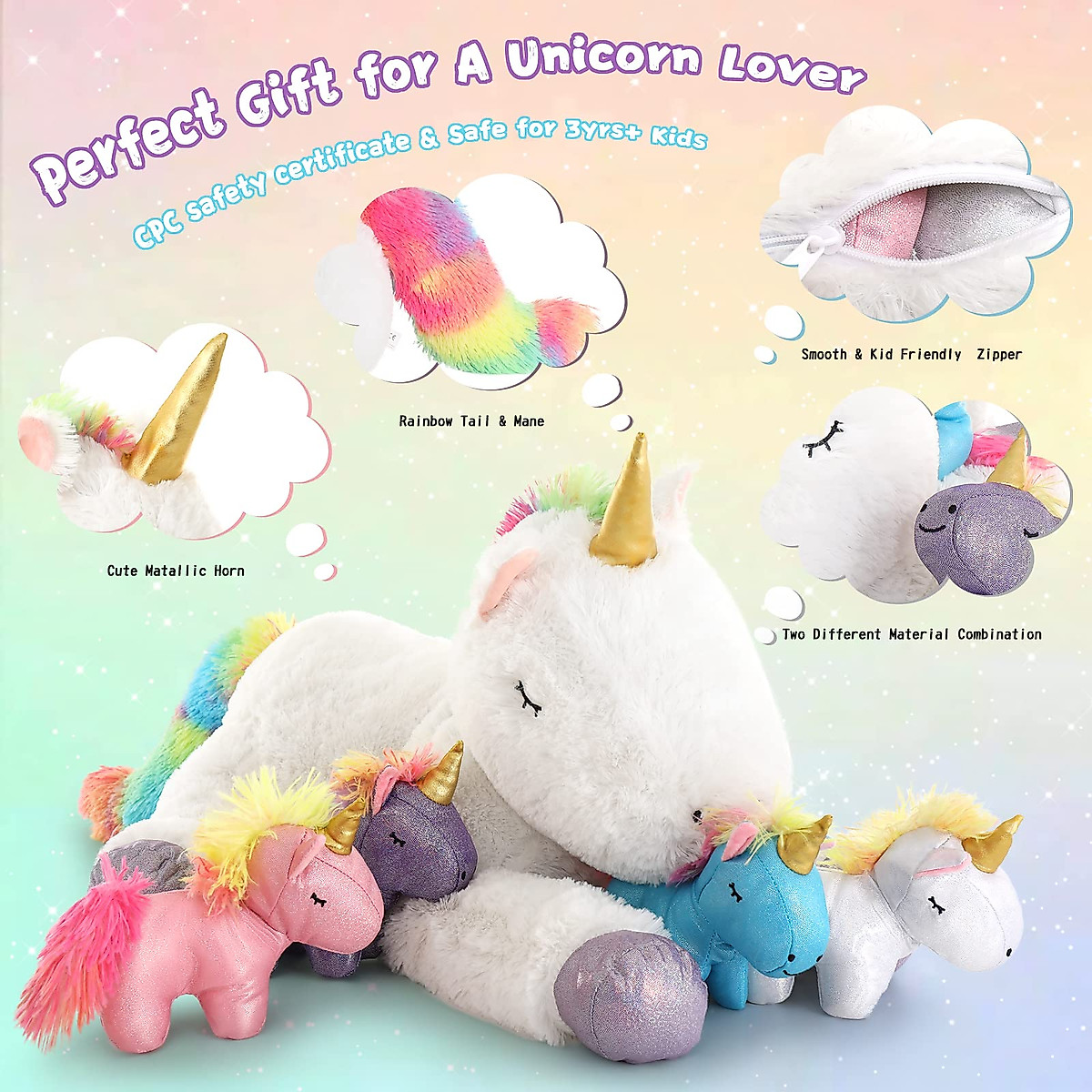 DOLDOA 22'' Unicorn Stuffed Animal for Girls, Mommy Stuffed Unicorn with 4 Baby Unicorns, Cute Plush Unicorn Plush Toy for Kids