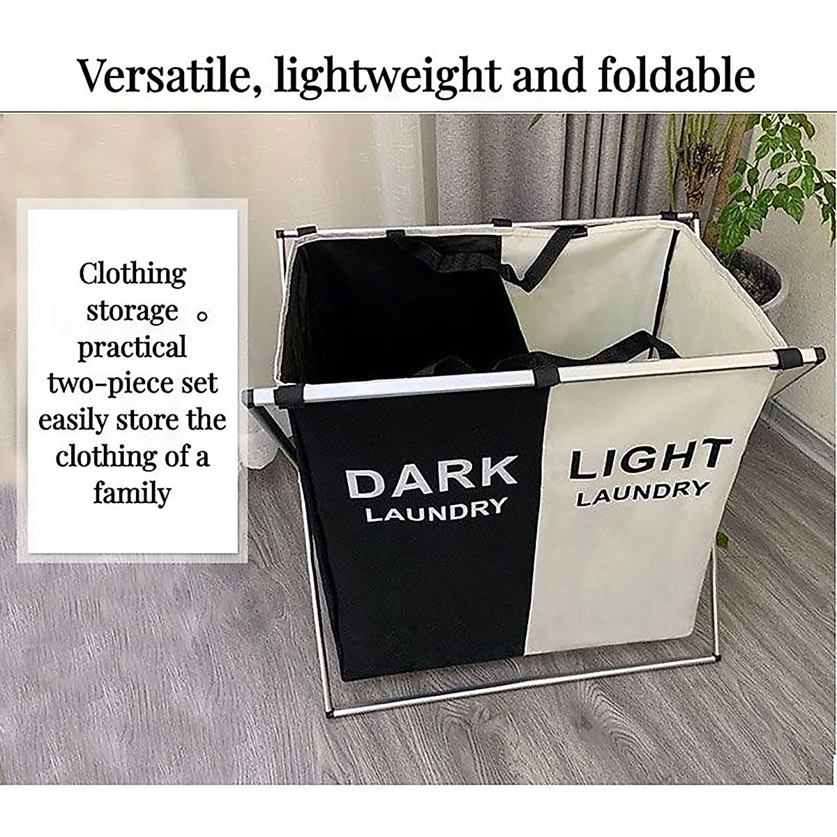 Large Laundry Basket, 2/3 Section Foldable Dirty Clothes Hamper for Laundry, Tall Divided Laundry Sorter with Removable Bag, Modern Collapsible Waterproof Laundry Hamper for Home (Black White)