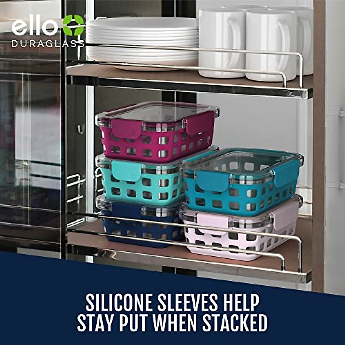 Ello Duraglass 3.4 Cup Meal Prep Sets 10Pc, 5 Pack Set- Glass Food Storage Container with Silicone Sleeve and Airtight BPA-Free Plastic Lids, Dishwasher, Microwave, and Freezer Safe, Evening Orchard