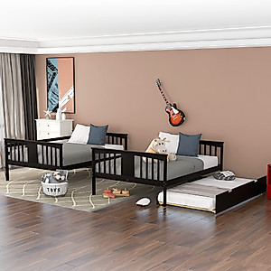 MERITLINE Bunk Bed Full Over Full Size, Wooden Full Bunk Beds with Twin Size Trundle and Ladder, Space Saving Design Bedroom Furniture (Espresso)